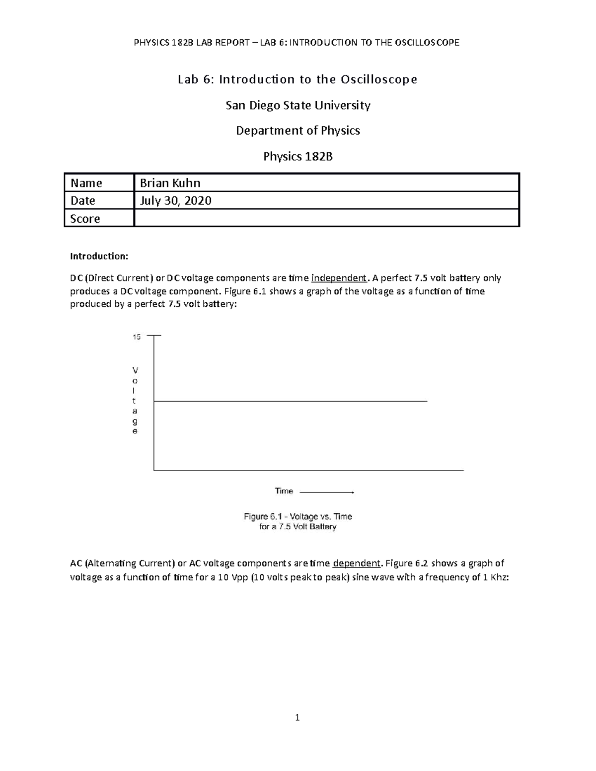 182B Lab 6 - 6th lab - Lab 6: Introduction to the Oscilloscope San ...