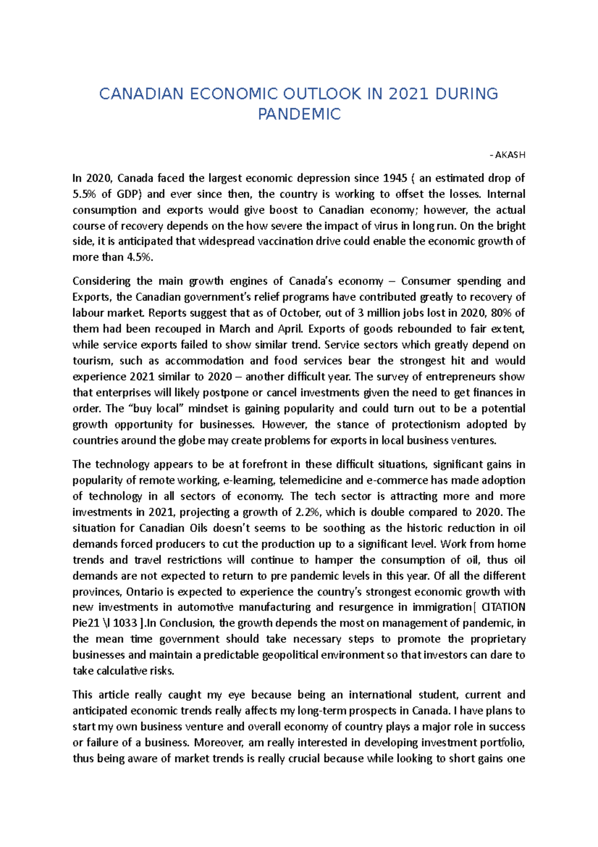 Canadian Economic Outlook IN 2021 During Pandemic - CANADIAN ECONOMIC ...