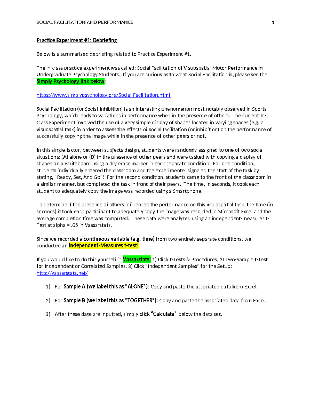Practice Experiment #1 Debriefing - SOCIAL FACILITATION AND PERFORMANCE ...