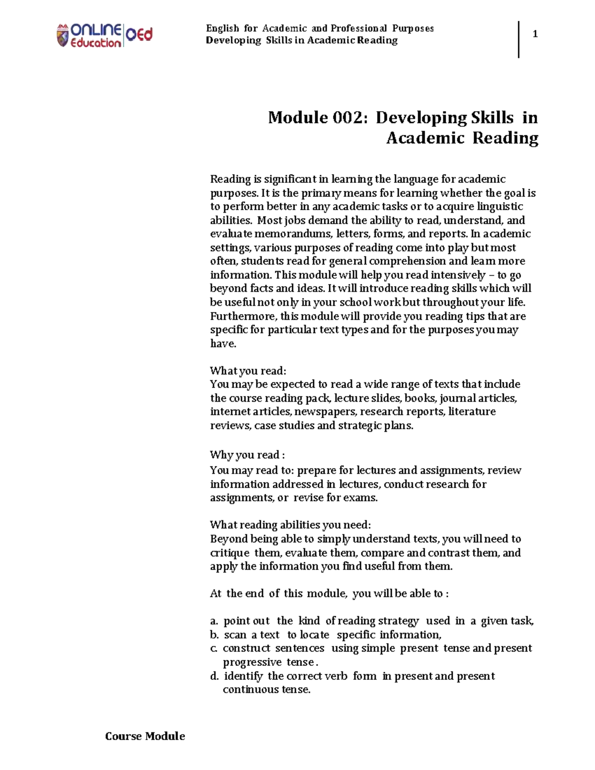 Week 002 Module Developing Skills In Academic Reading English For