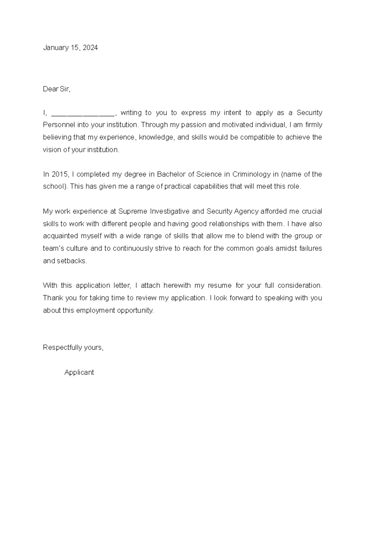 Application letter sample template - January 15, 2024 Dear Sir, I ...