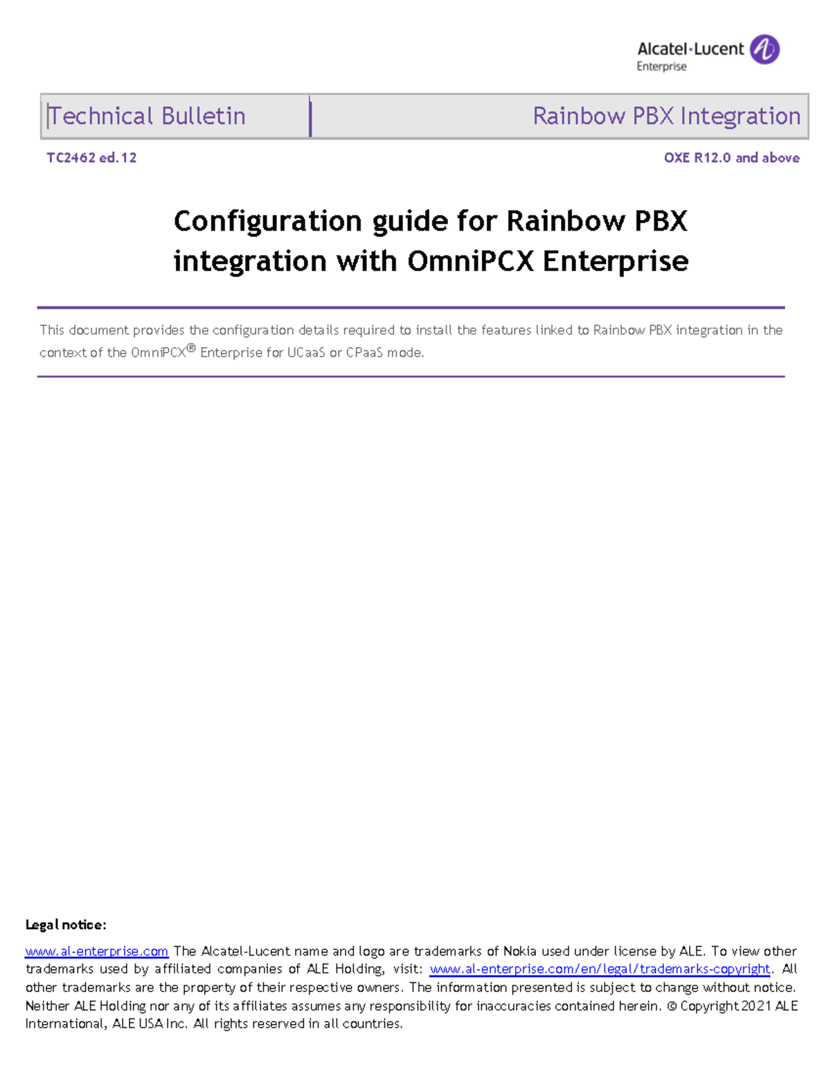 TC2462en-Ed12 Configuration guide for Rainbow PBX integration with Omni PCX Enterprise - Legal ...