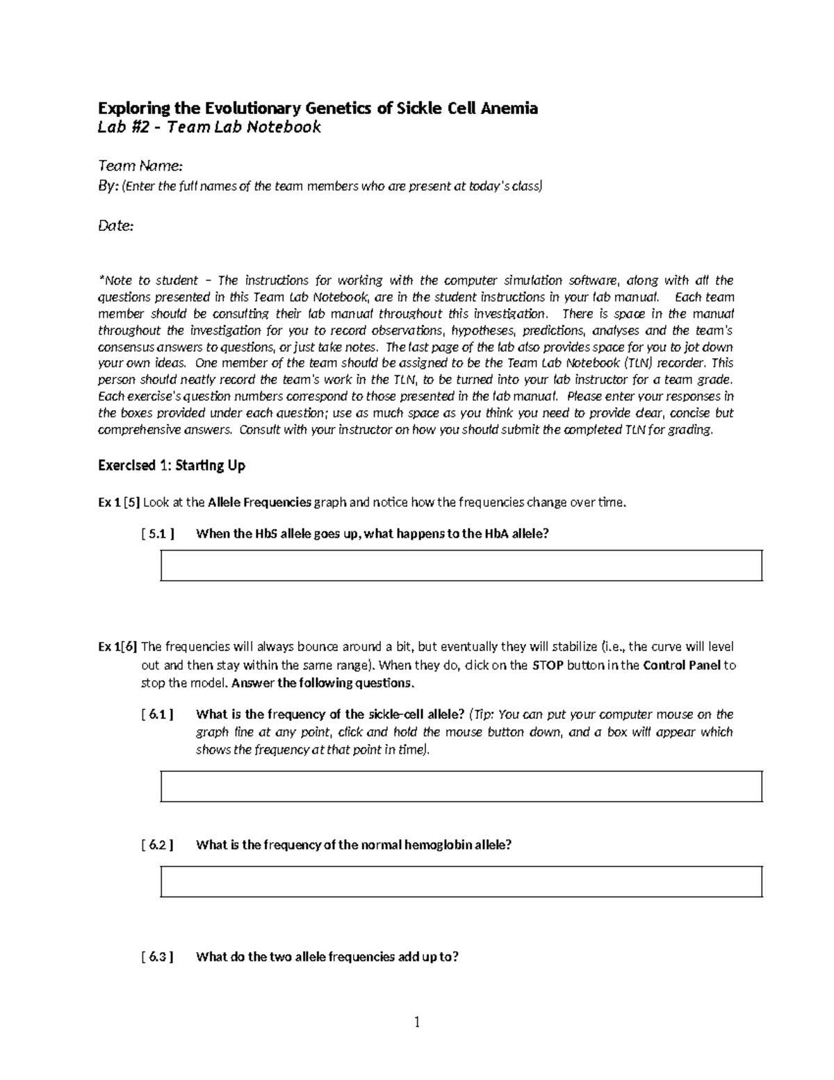 Lab 2- Sickle Cell Alleles TLN 2 - Exploring the Evolutionary Genetics ...