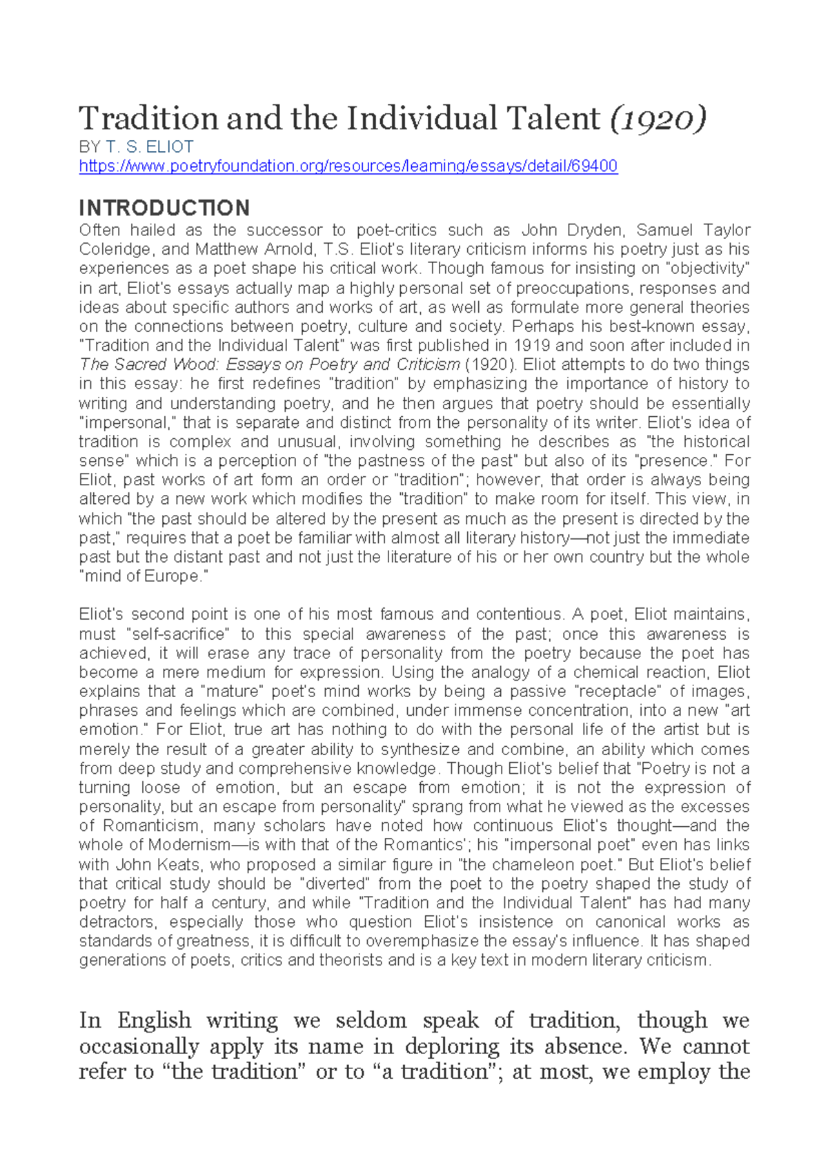 Tradition and the Individual Talent - S. ELIOT poetryfoundation ...