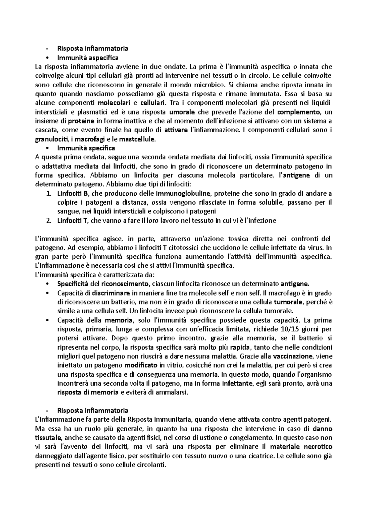 Risposta infiammatoria - La prima è l’immunità aspecifica o innata che coinvolge alcuni tipi ...