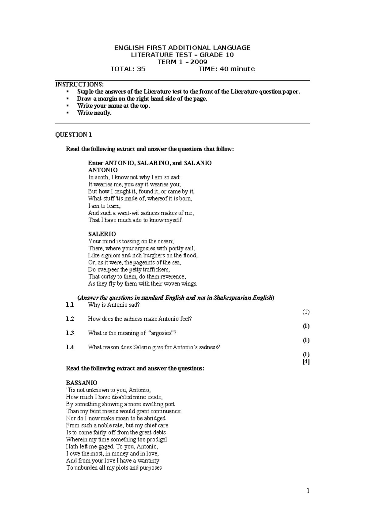 EFAL LIT TEST TERM 1 GR 10 2009 - ENGLISH FIRST ADDITIONAL LANGUAGE ...