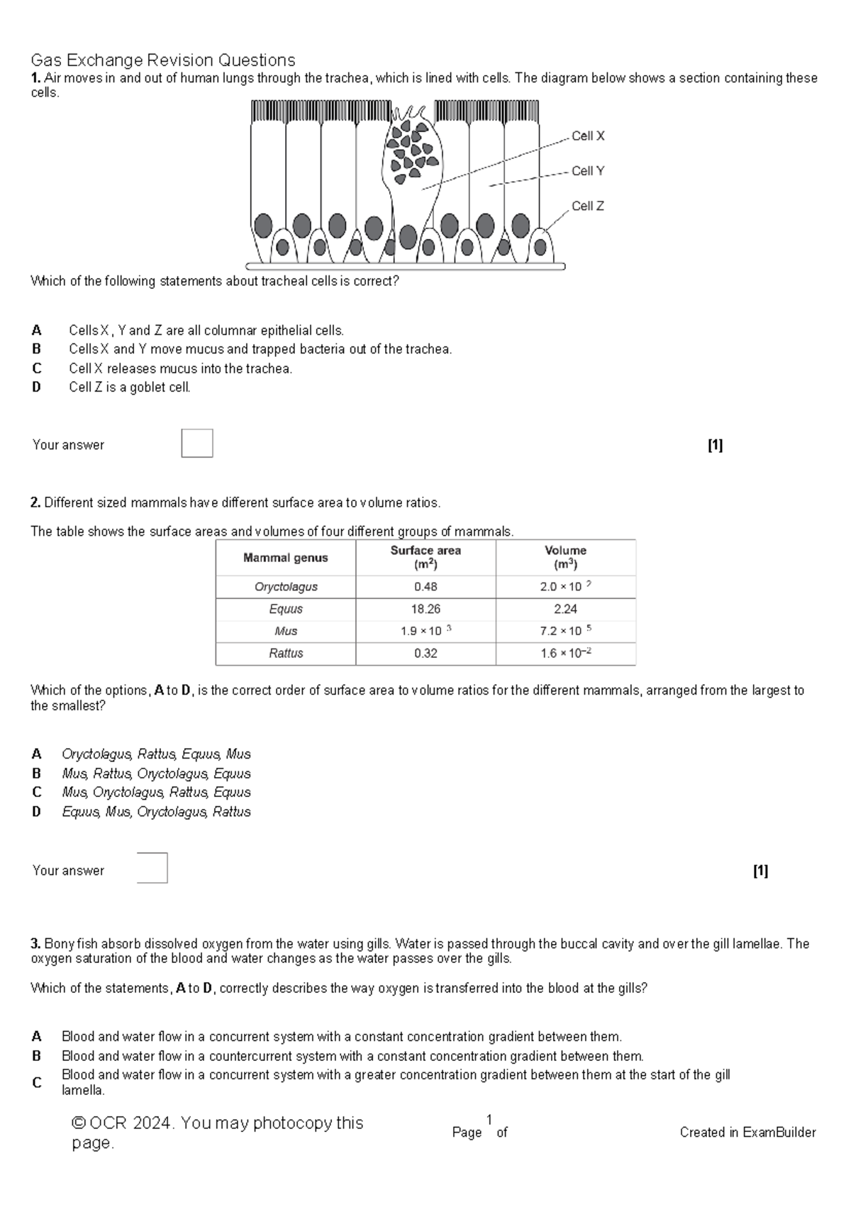 Gas exchange revision - © OCR 2024. You may photocopy this Page 1 of ...