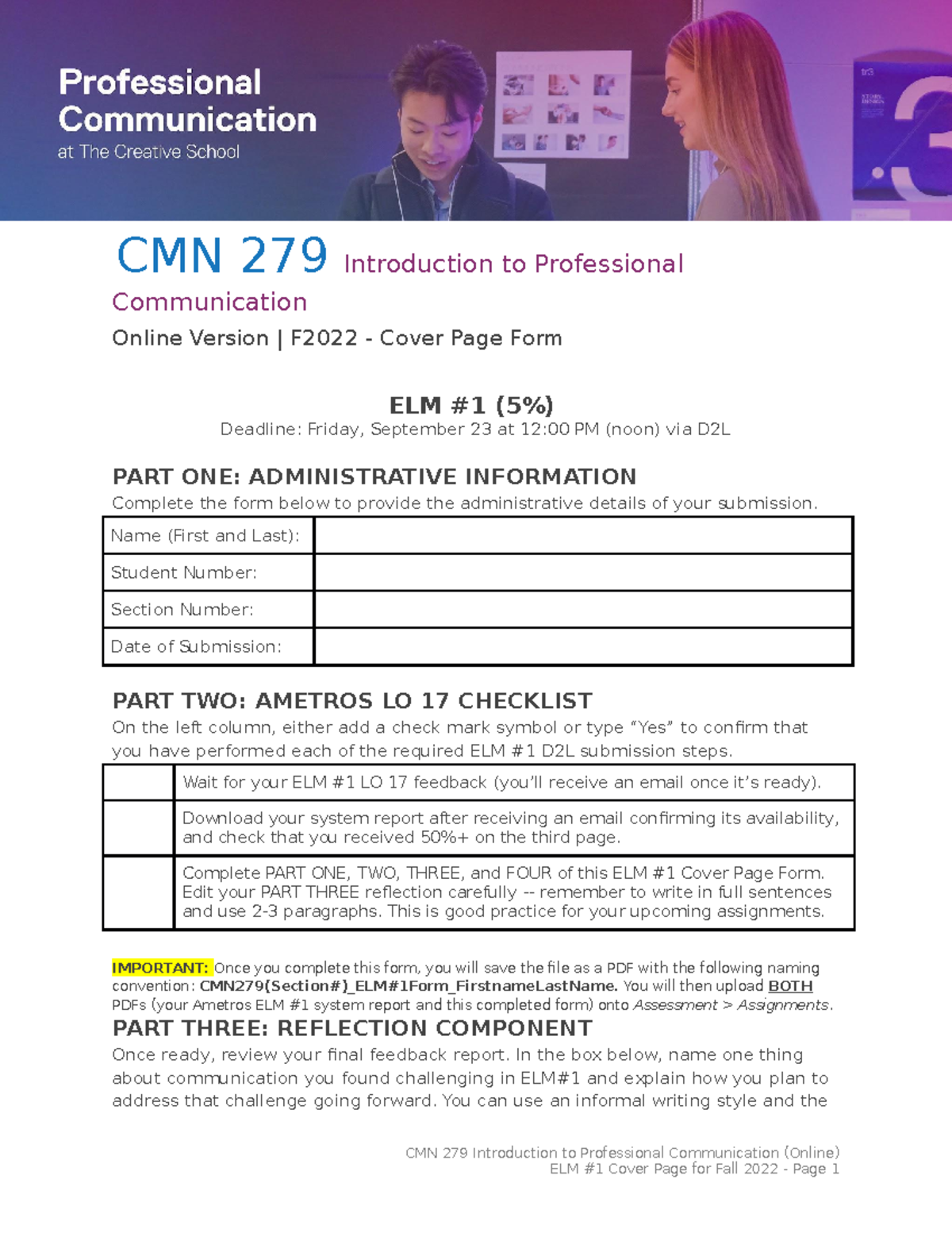 CMN 279 (Online) ELM #1 Cover Page Form - F2022 - CMN 279 Introduction ...