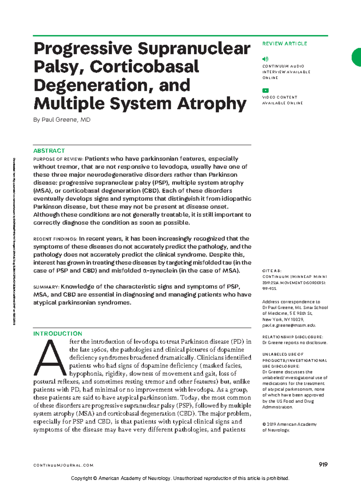 Progressive Supranuclear Palsy, Corticobasal Degeneration, and Multiple System Atrophy ...