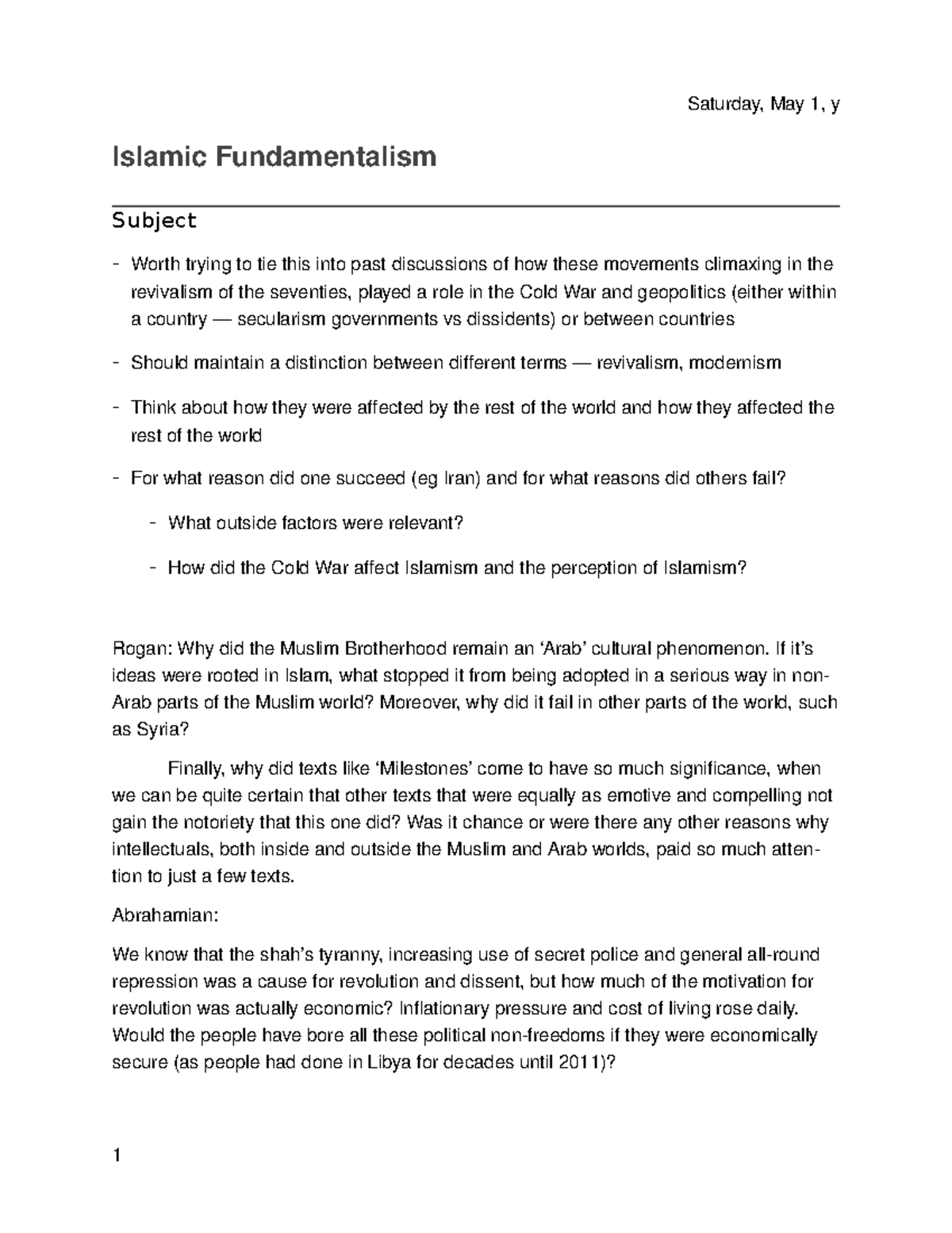 Islamic Fundamentalism - Sat ur day ,May1,y I sl ami cFundament al i sm ...