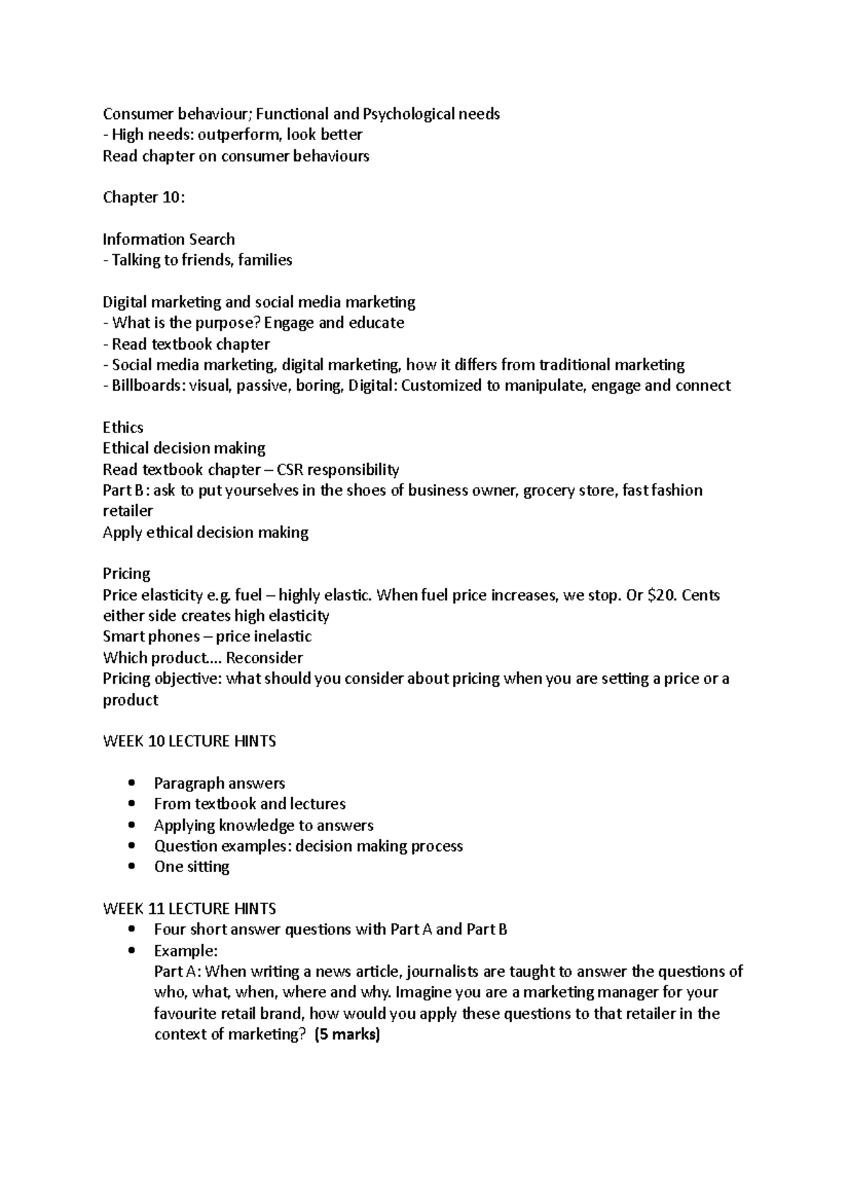 Marketing exam hints - Consumer behaviour; Functional and Psychological ...