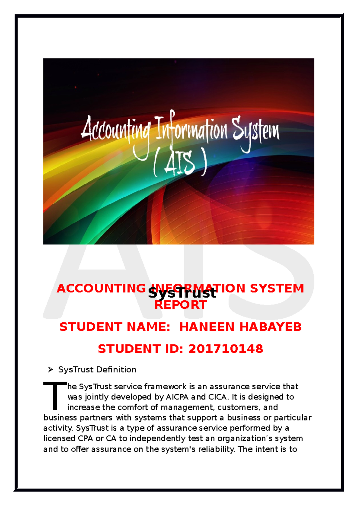 Accounting Information System Report - SysTrust Definition he SysTrust ...