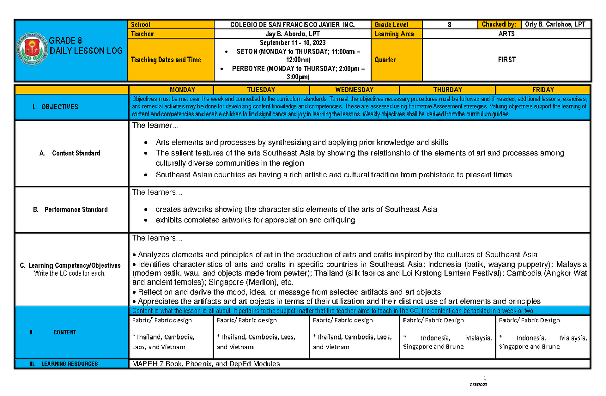Gr.8-DLL - ARTS week4 - Thanks - 1 GRADE 8 DAILY LESSON LOG School ...