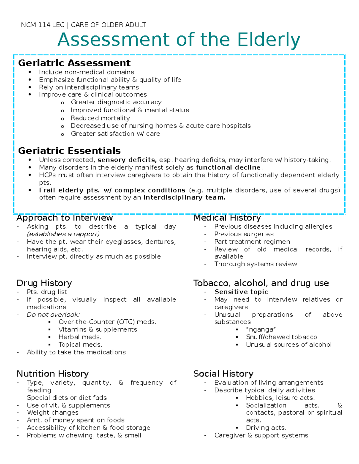 NCM 114 LEC - Assessment OF THE Elderly - Assessment of the Elderly ...