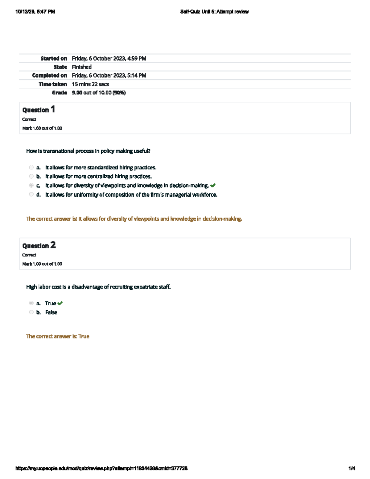 BUS 2207 Self-Quiz Unit 5 Attempt 1 review - 5:47 PM Unit 5: Attempt review Started on Friday, 6 ...