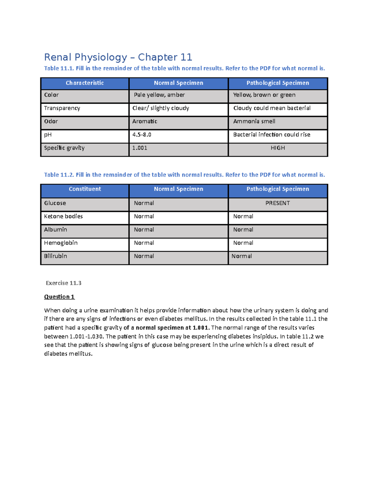 Renal lab report - Copy - Renal Physiology – Chapter 11 Table 11. Fill ...