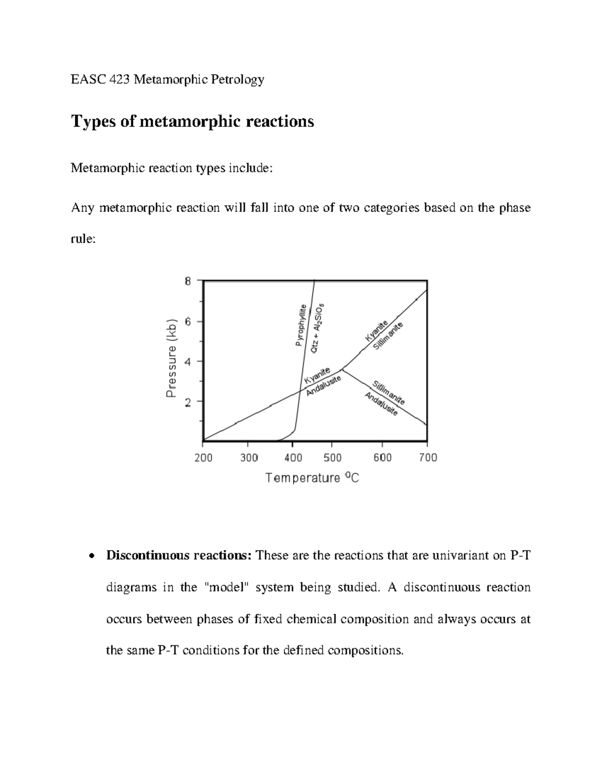 Types of metamorphic reactions - EASC 423 Metamorphic Petrology Types ...