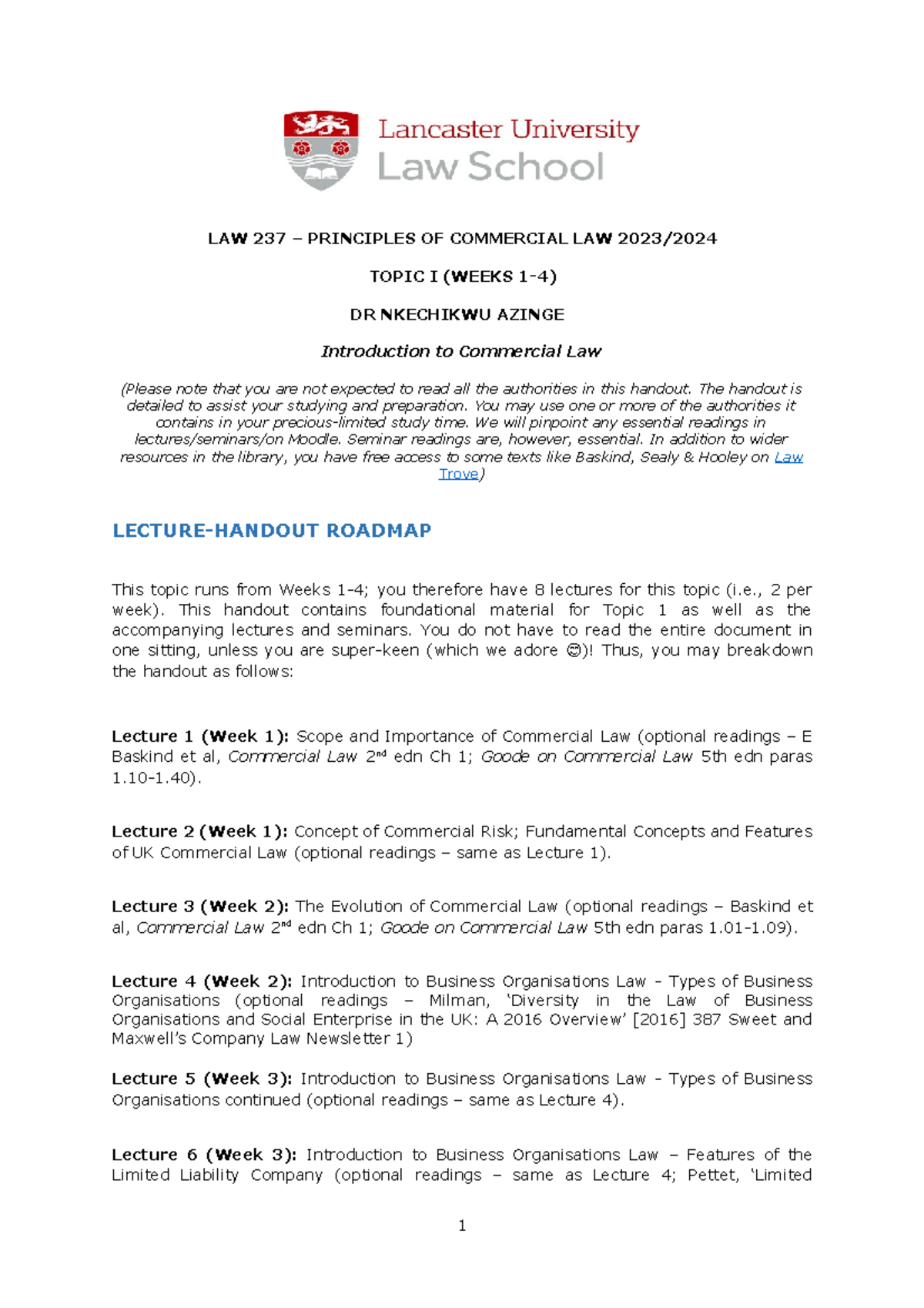 Topic 1 and Seminar 1-2 - 2023 - LAW 237 – PRINCIPLES OF COMMERCIAL LAW ...