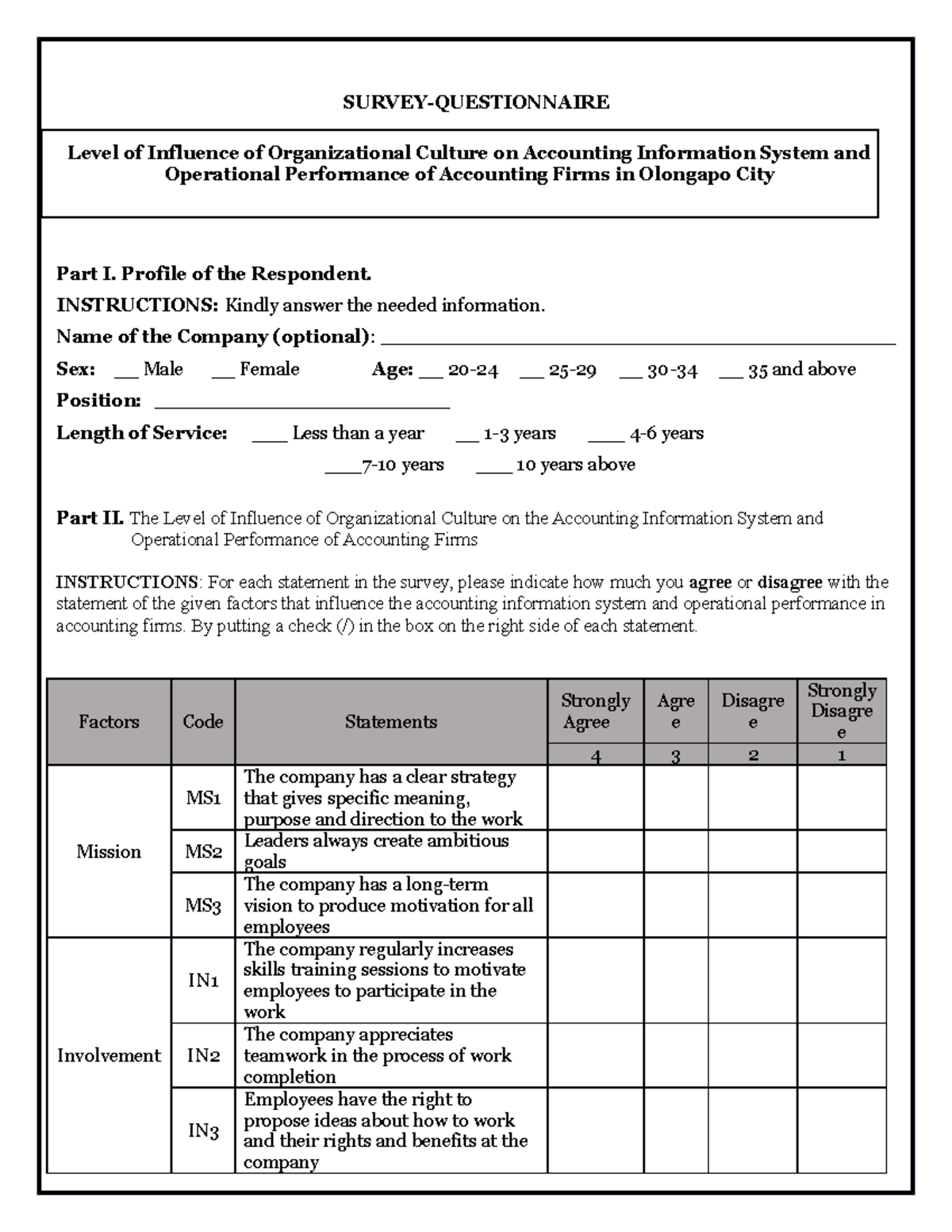 Survey Questionnaire for Mich - SURVEY-QUESTIONNAIRE Part I. Profile of ...