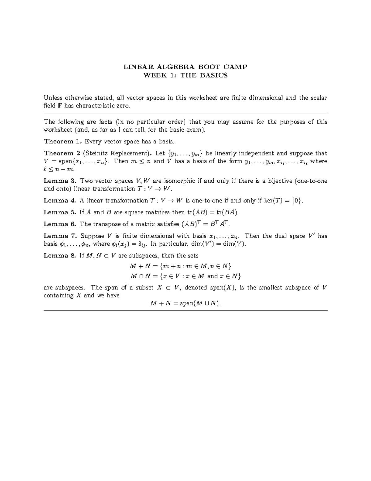 Boot camp wk 1 - Analysis notes - LINEAR ALGEBRA BOOT CAMP WEEK 1: THE ...