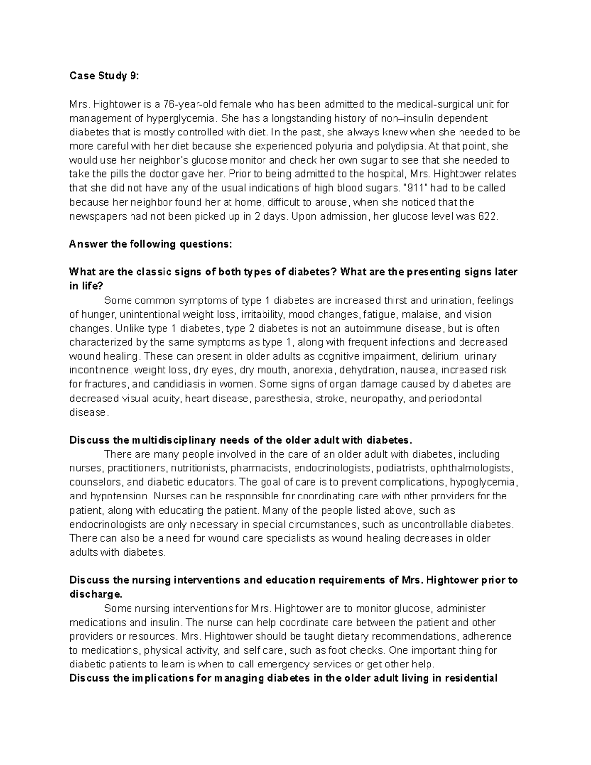 Week 9 Case Study - Case Study 9: Mrs. Hightower is a 76-year-old ...