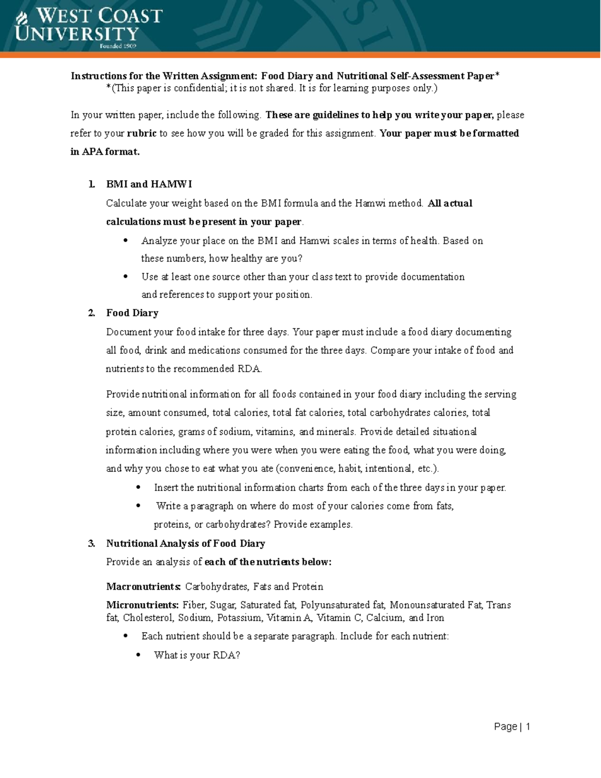 Guidelines for Food Diary Analysis 5 - Instructions for the Written ...