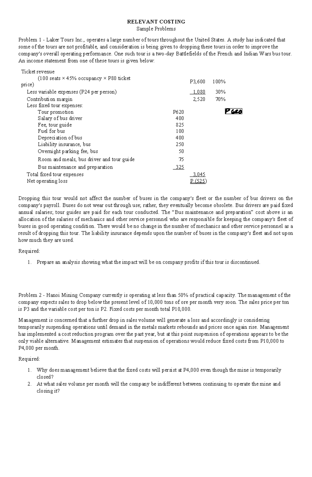 1.4.1 Relevant Costing Sample Problems - RELEVANT COSTING Sample ...