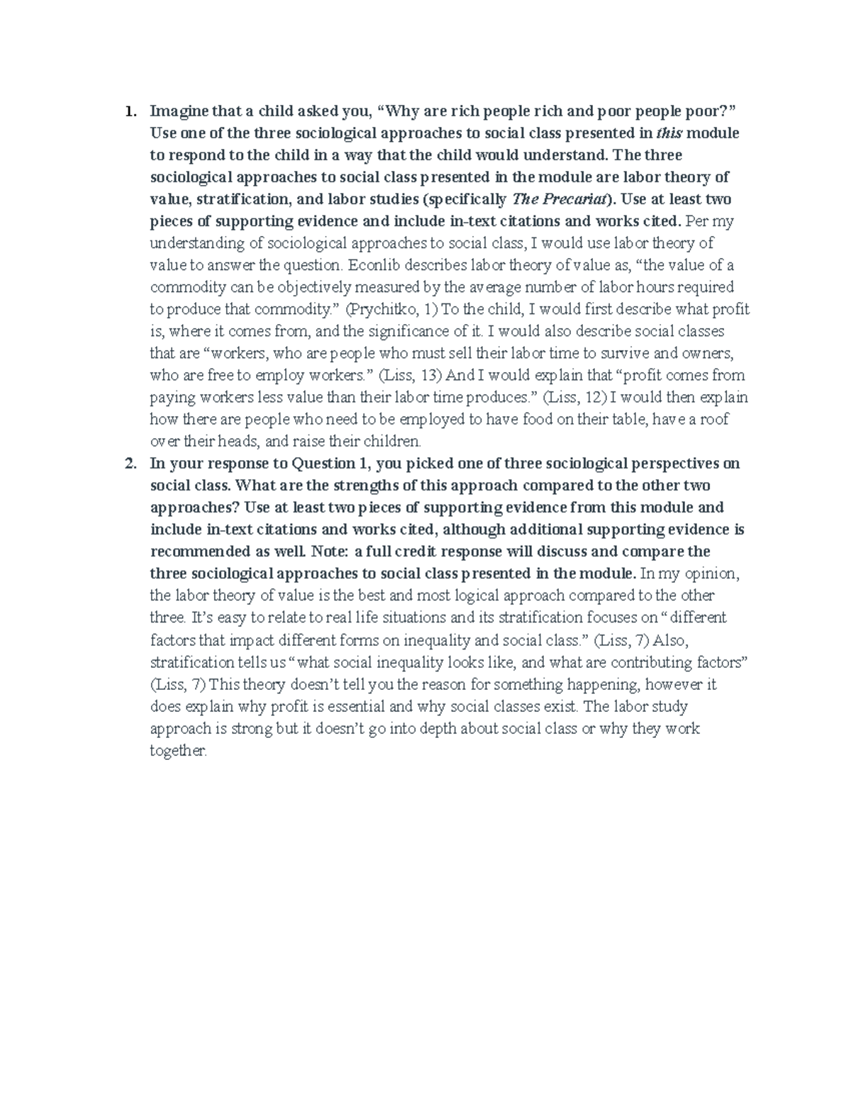 Assignment 2 Social Class - Imagine that a child asked you, “Why are ...