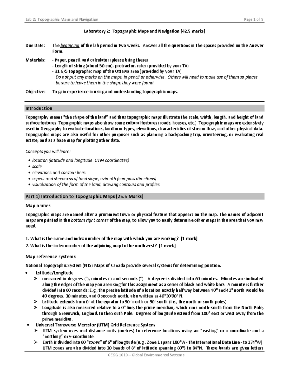 Laboratory 2 – Maps - Laboratory 2 : Topographic Maps and Navigation [ 4 2 marks] Due Date: The ...