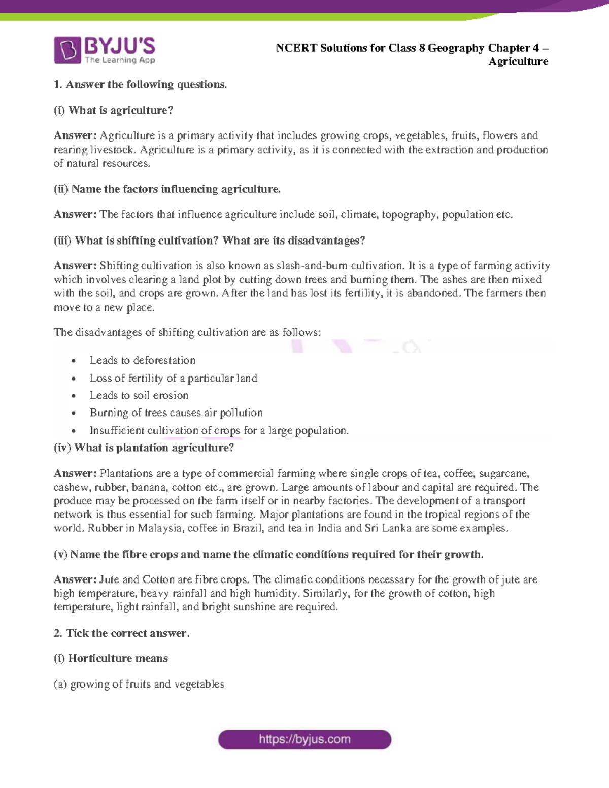 Ncert Solutions for Class 8 Geography Chapter 4 Agriculture - NCERT ...