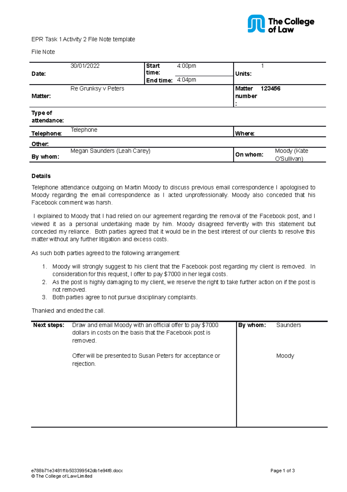 Activity 2.1 - making disclosure - EPR Task 1 Activity 2 File Note ...