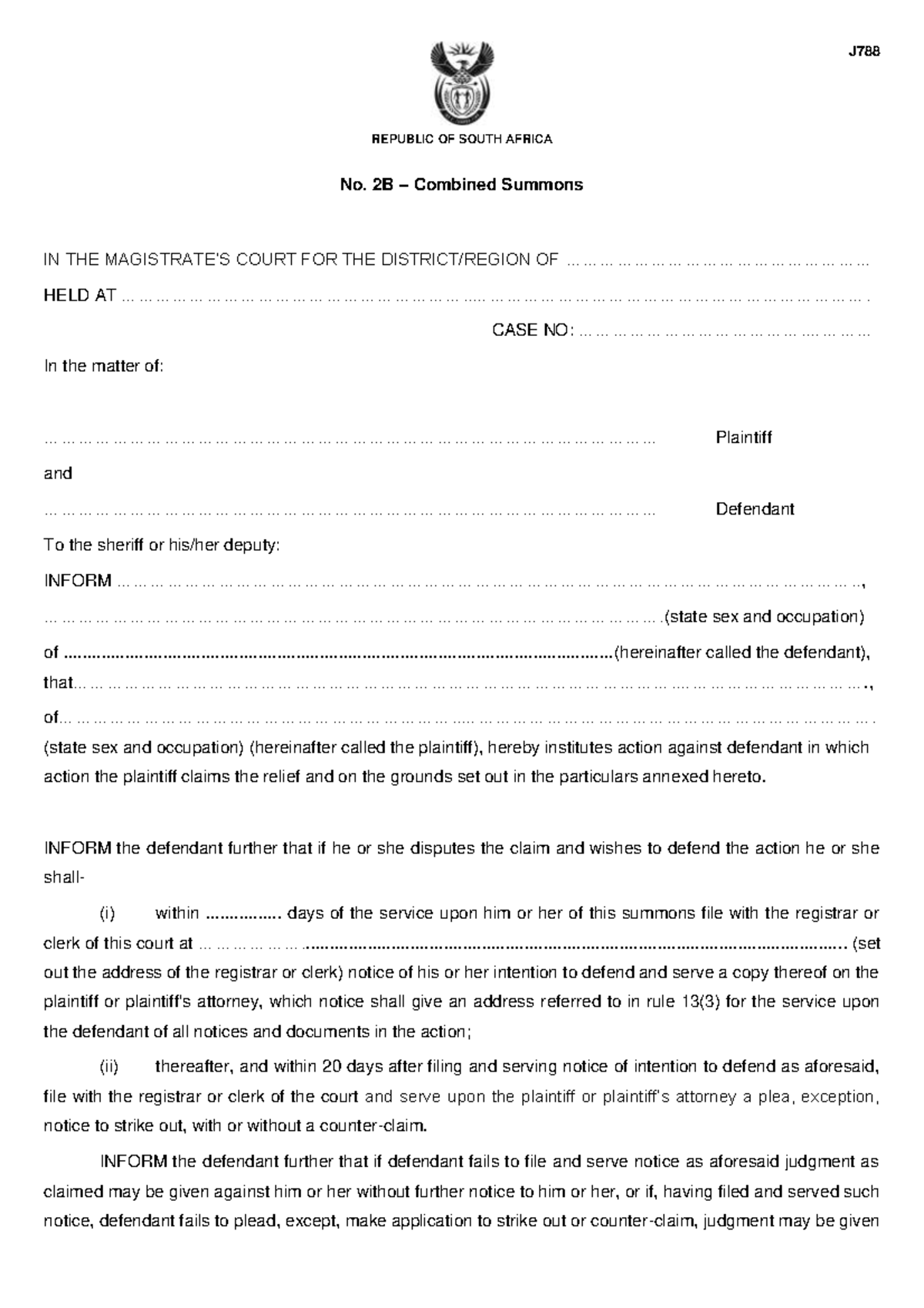 J788-form02B - check the form - J REPUBLIC OF SOUTH AFRICA No. 2B ...