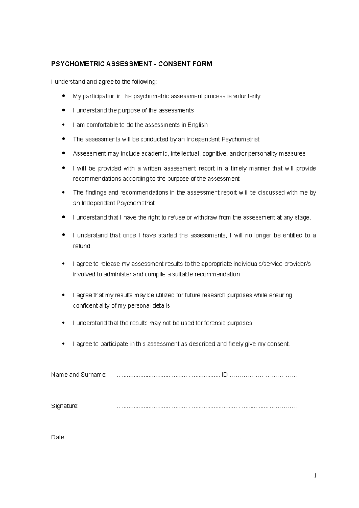 Psy Intake Form - PSYCHOMETRIC ASSESSMENT - CONSENT FORM I understand ...