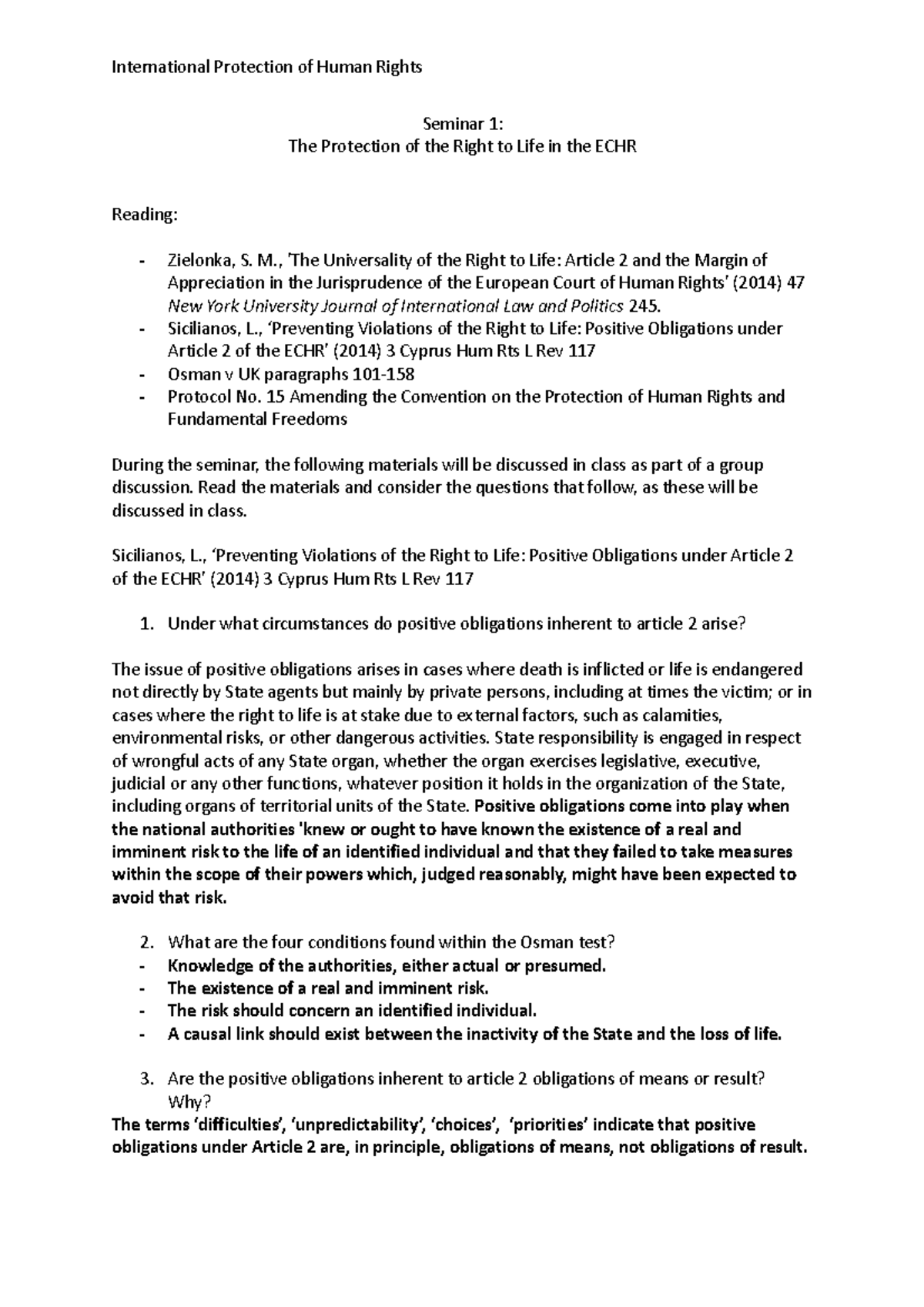 Seminar 1 Right to Life - Seminar 1: The Protection of the Right to ...