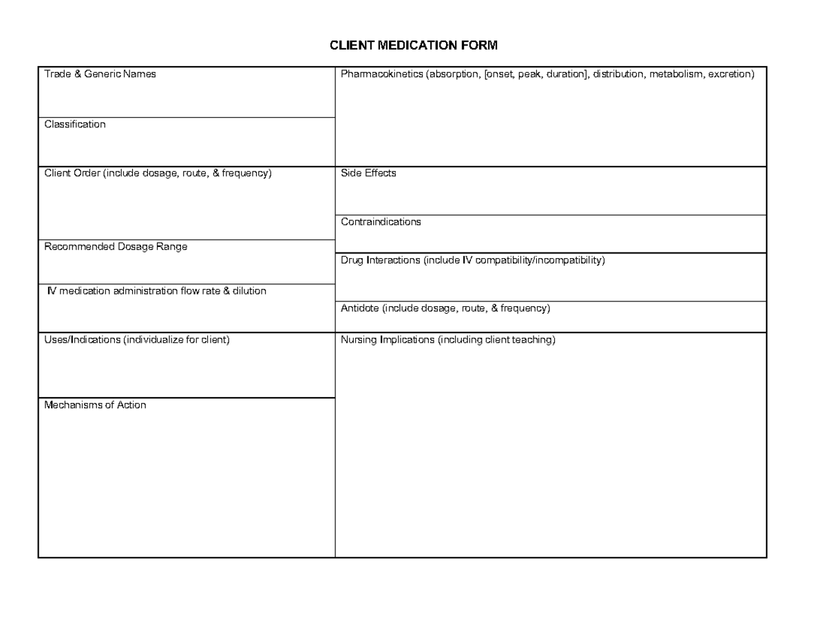 Medication Sheet - CLIENT MEDICATION FORM Trade & Generic Names ...