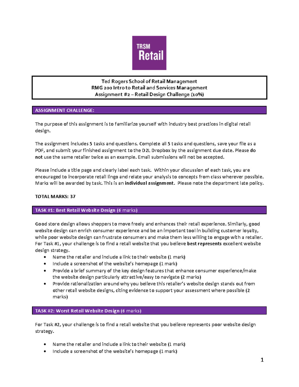 Assignment 2 instructions - 1 Ted Rogers School of Retail Management ...