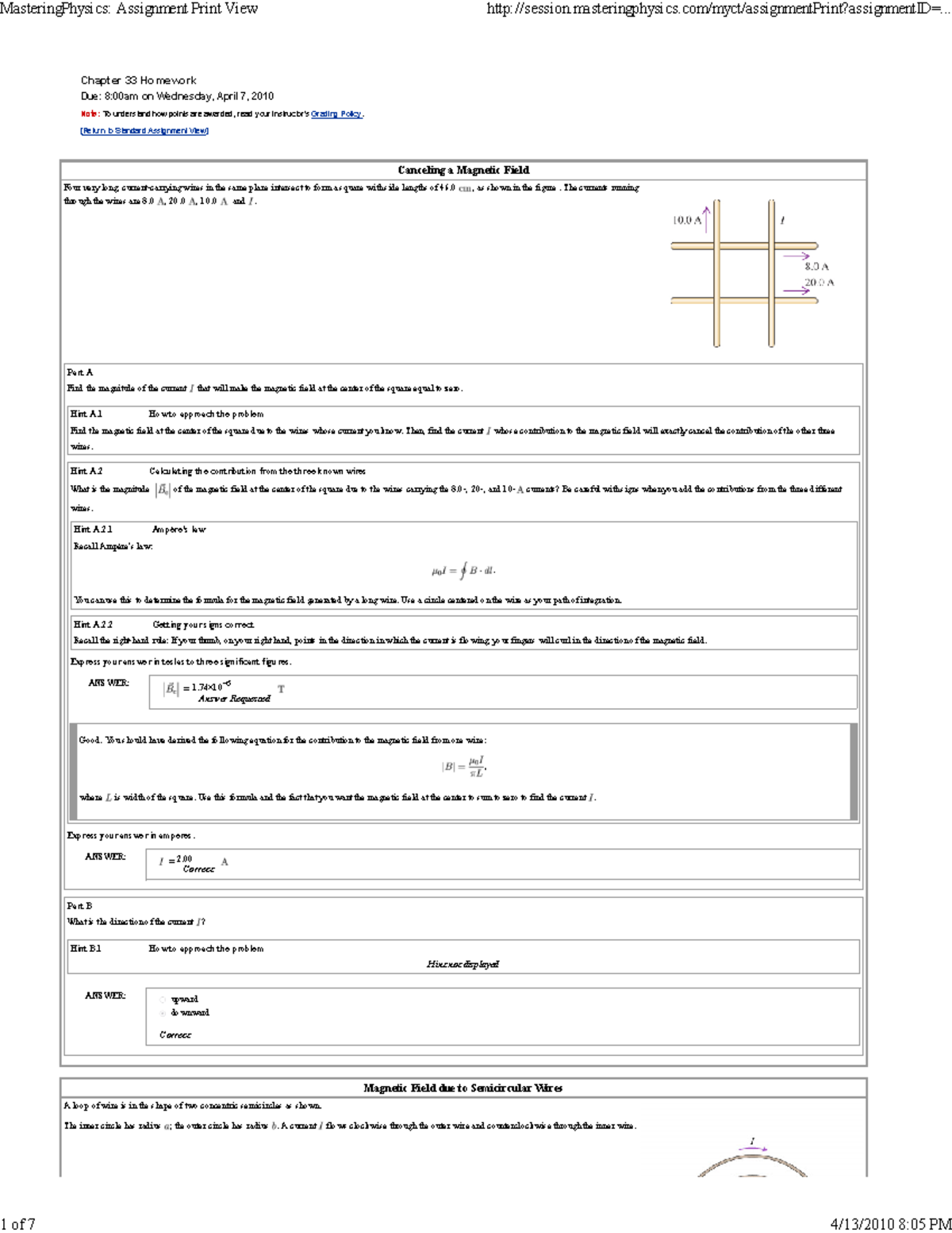Mastering Physics - Chp 33 Homework (2010) Magnetic Fields, Ampere's ...