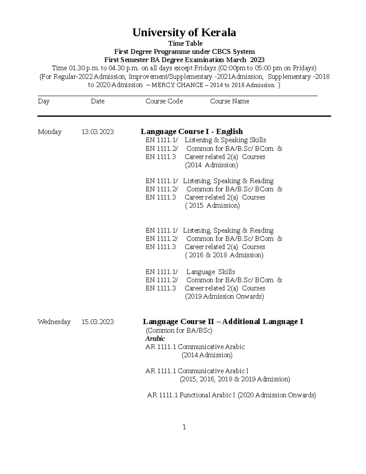79848 - University of Kerala Time Table First Degree Programme under CBCS System First Semester ...