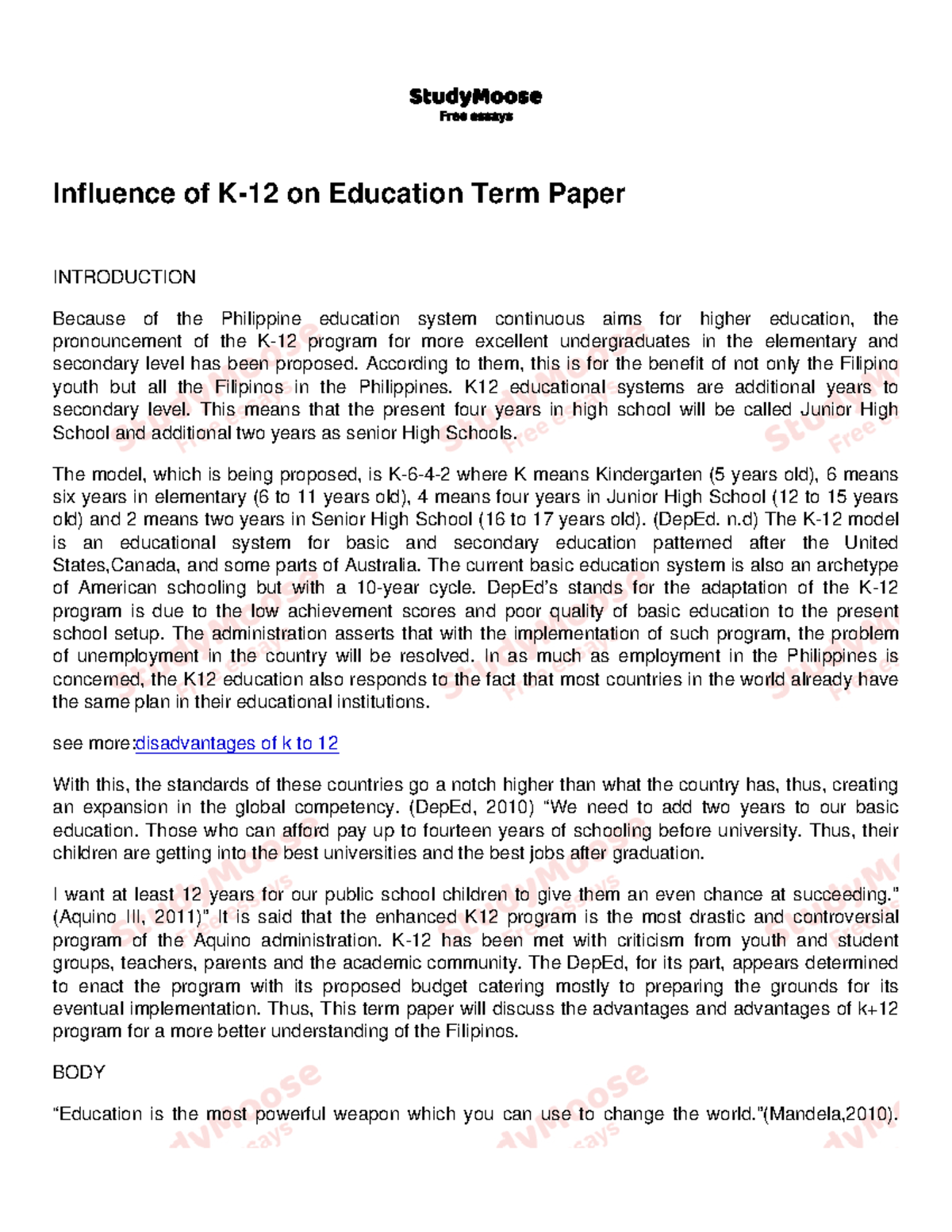 Influence of K-12 on Education Term Paper - Influence of K-12 on ...