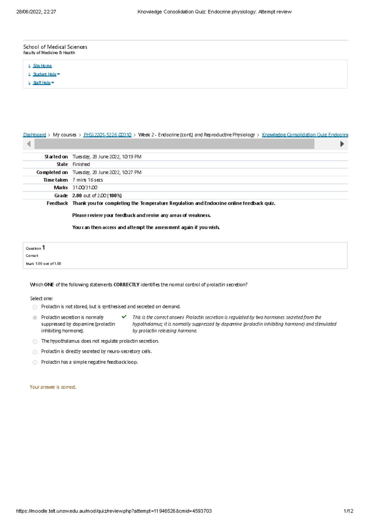 Endocrine QUIZ - Dashboard My courses PHSL2201-5226_00310 Week 2 ...