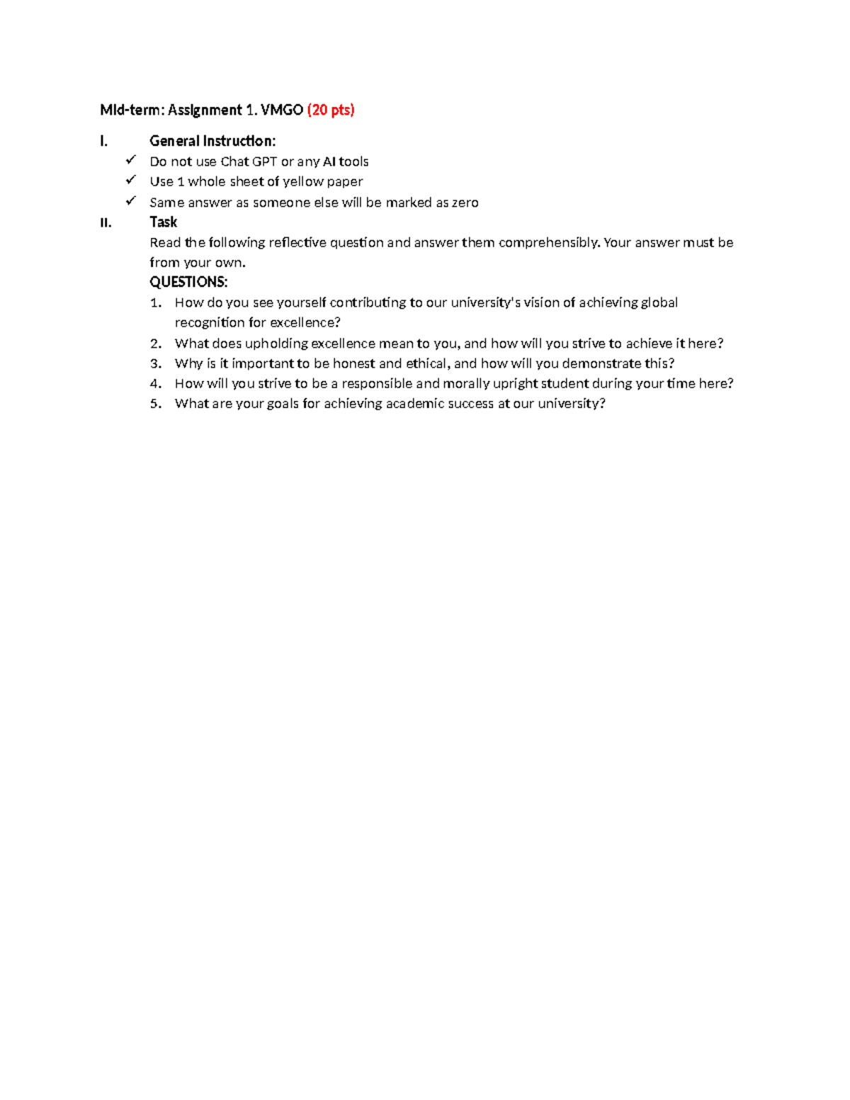 Mid term Preliminaries Assignment 1 - Mid-term: Assignment 1. VMGO (20 pts) I. General ...