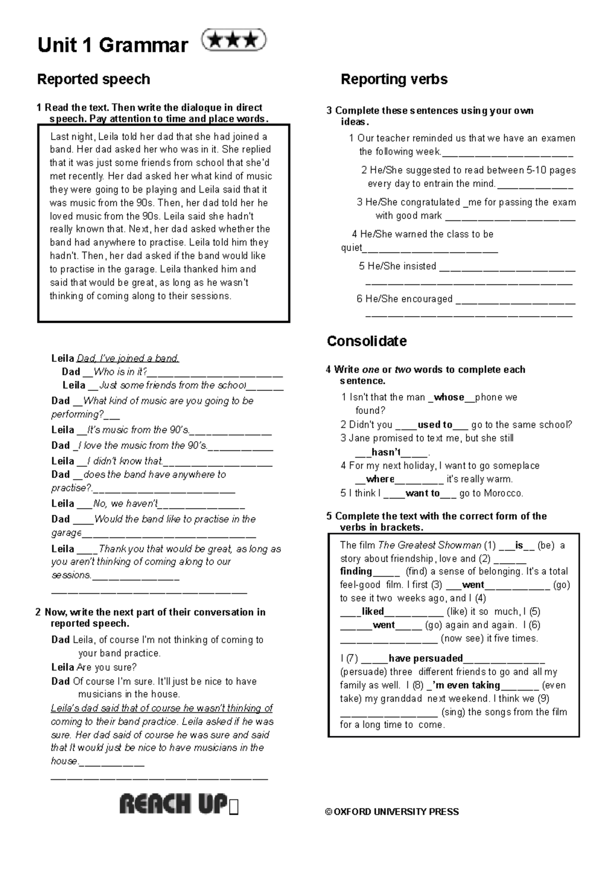 Grammar Unit 1 3 star - english practice - Unit 1 Grammar Reported ...