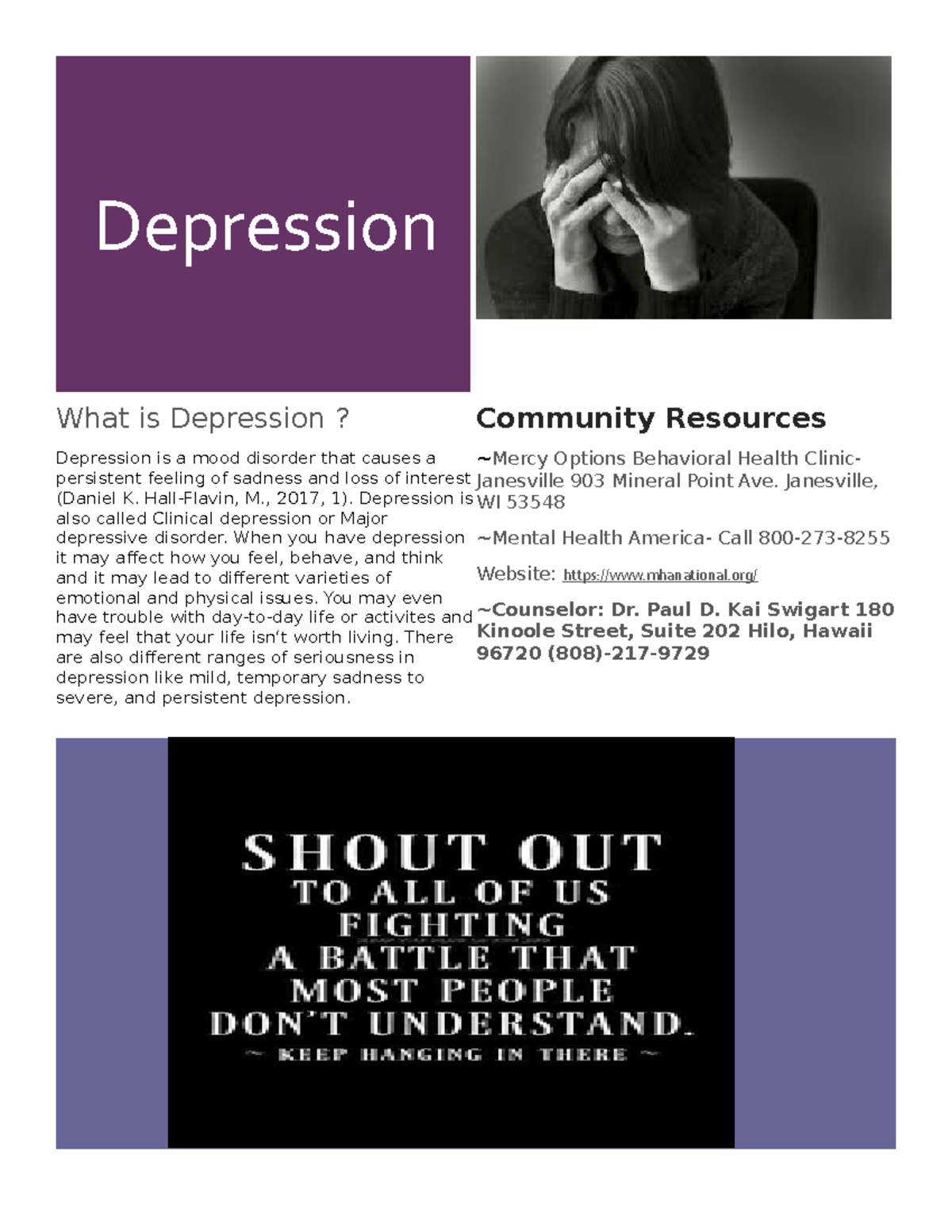Depression Brochure for General Psychology 102 - Depression What is ...