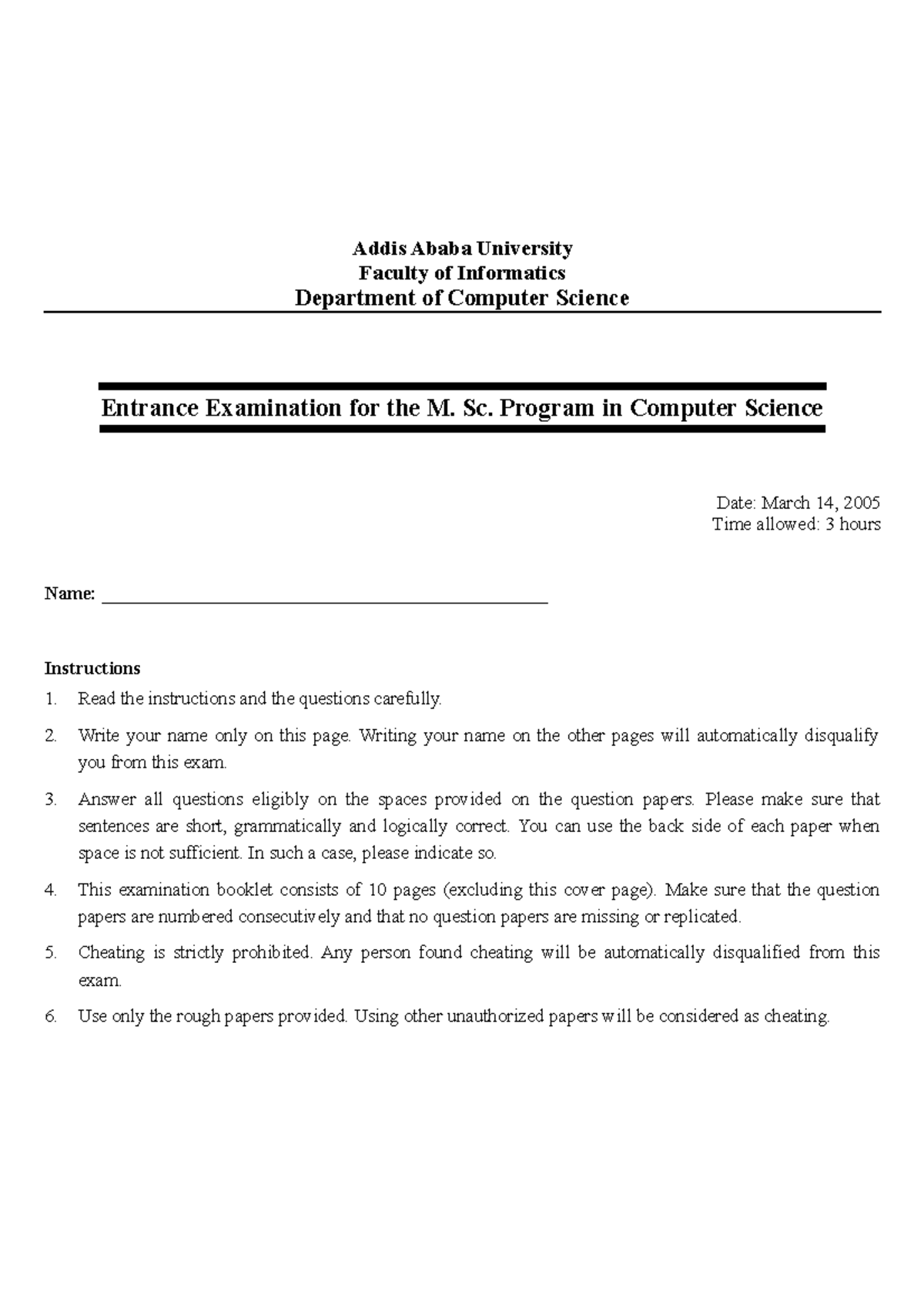 2005 A - msc entrance exam for computer science aau - Addis Ababa ...