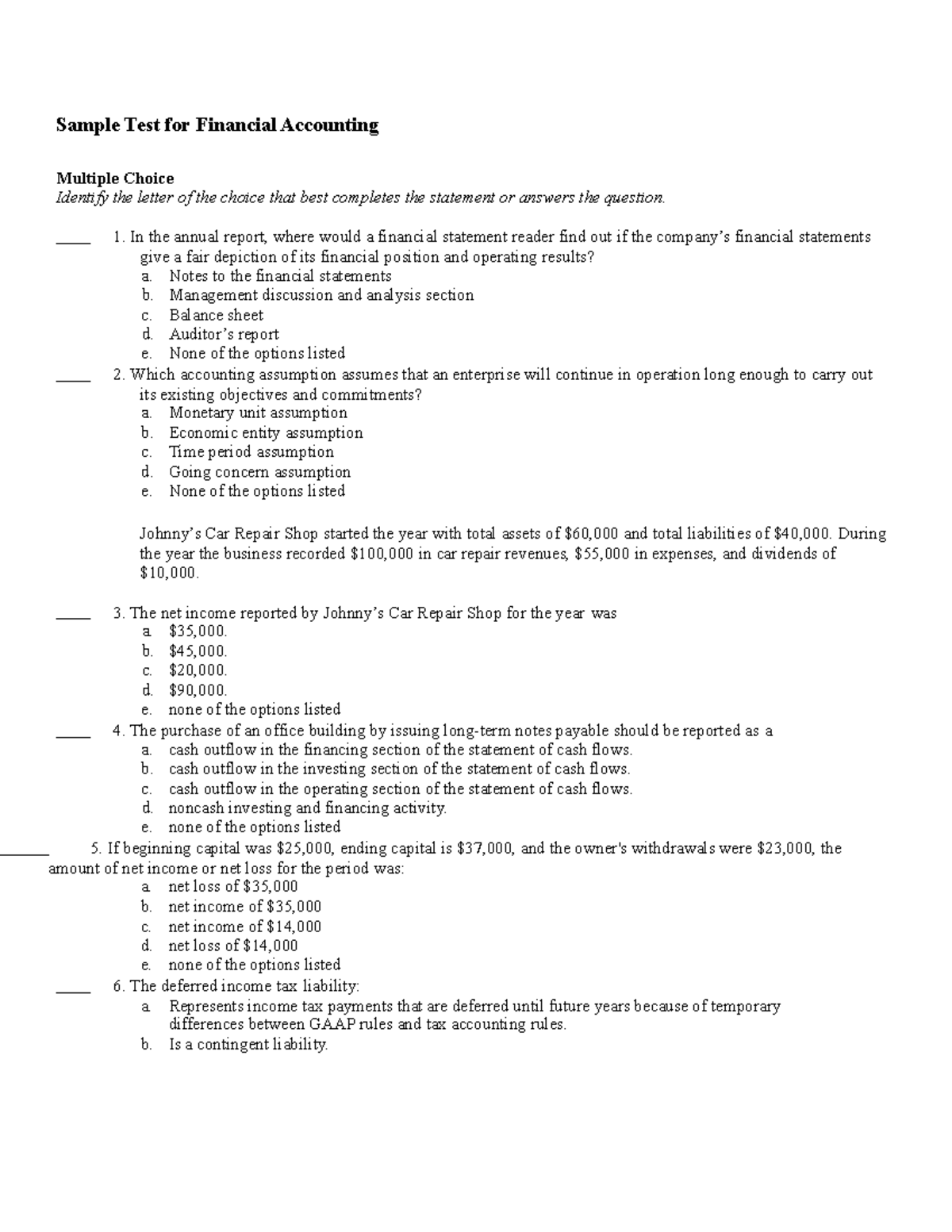 Financial Accounting Practice QUIZ - Sample Test for Financial ...