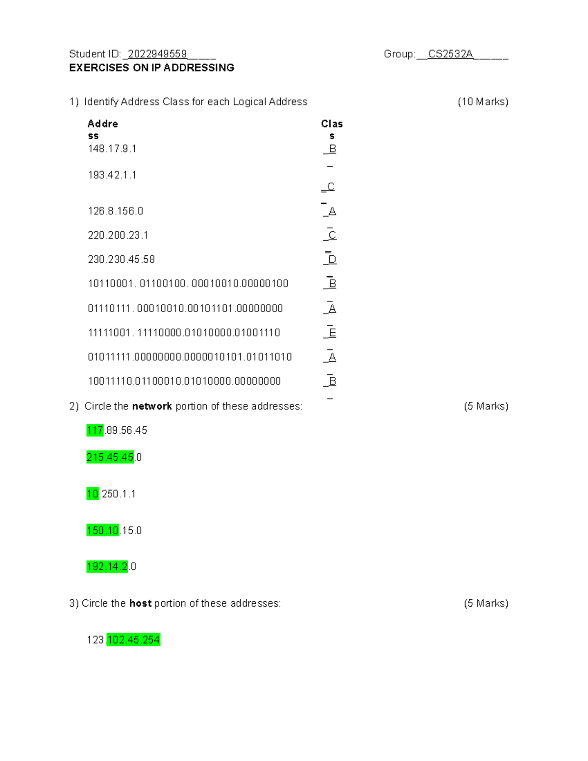 Exercises ON IP Addressing - Student ID:2022949559____ Group:CS2532A ...