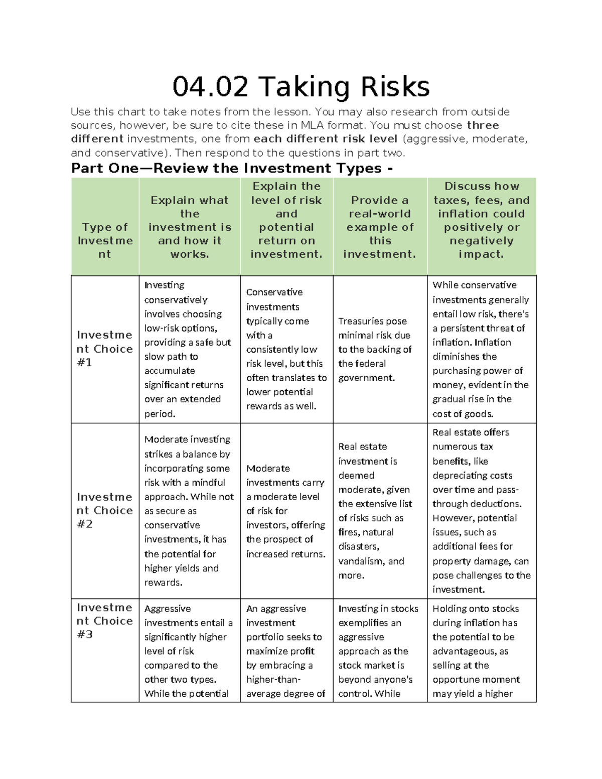 4.02 Taking Risks - assignment - 04 Taking Risks Use this chart to take ...