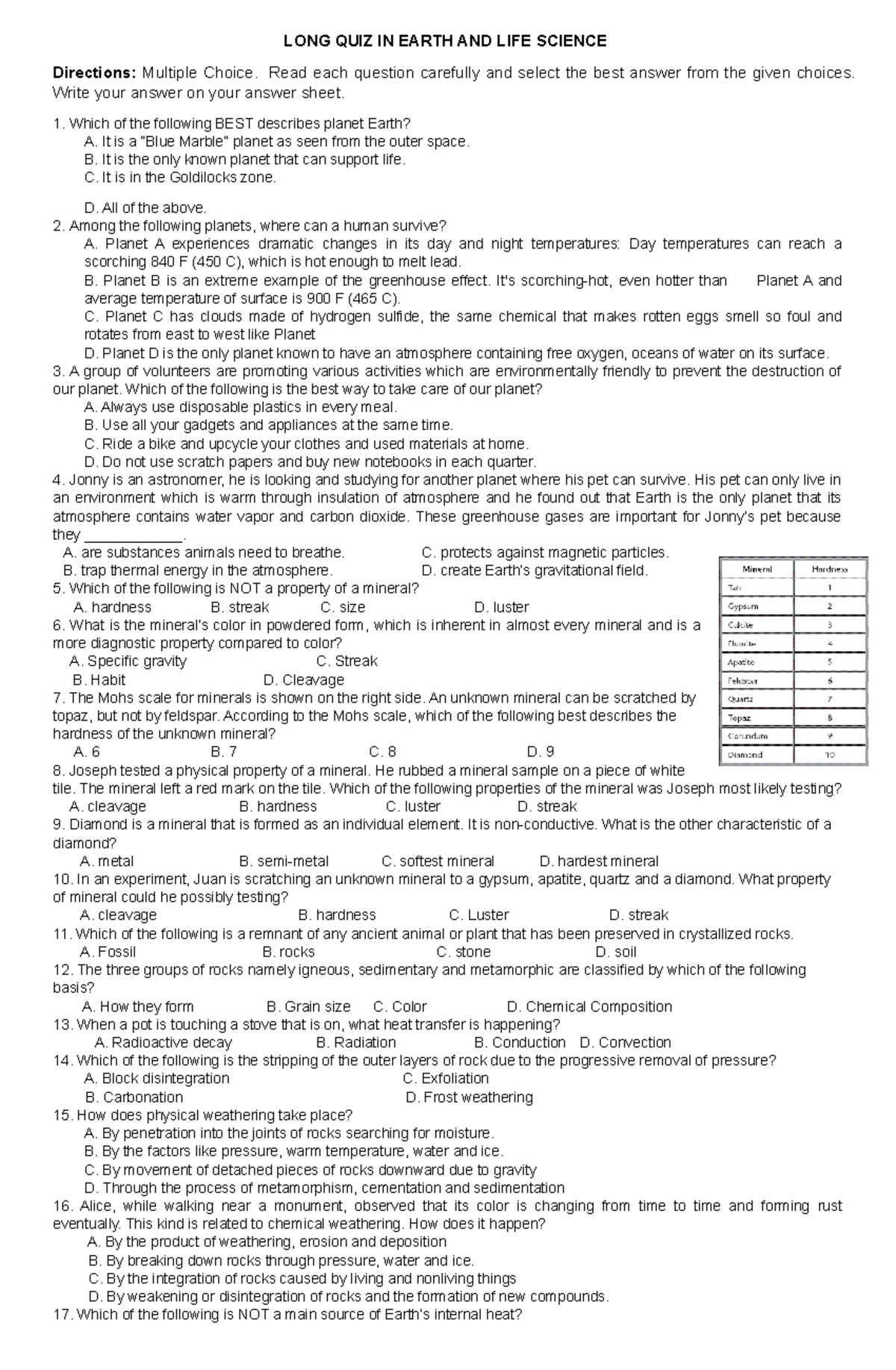 LONG QUIZ ELS SET 1 - long quiz - LONG QUIZ IN EARTH AND LIFE SCIENCE ...