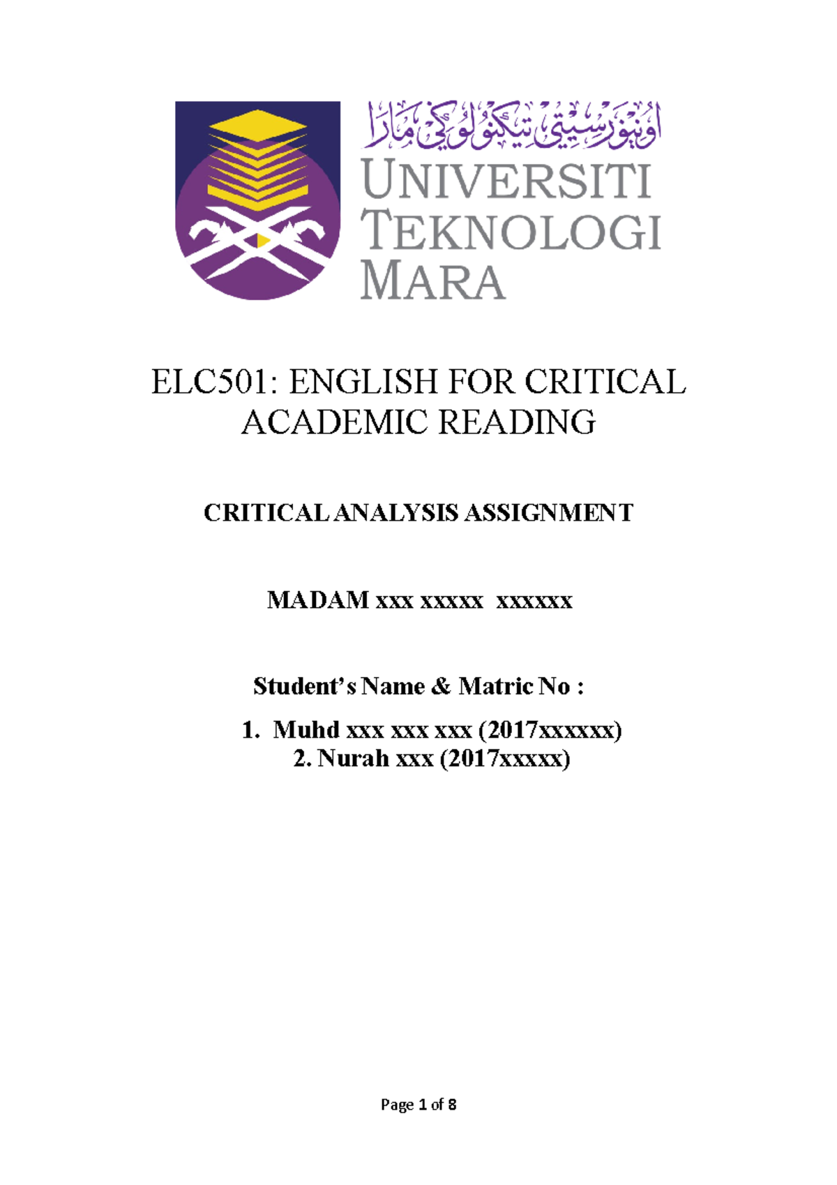 ELC written analysis assignment - ELC501: ENGLISH FOR CRITICAL ACADEMIC ...