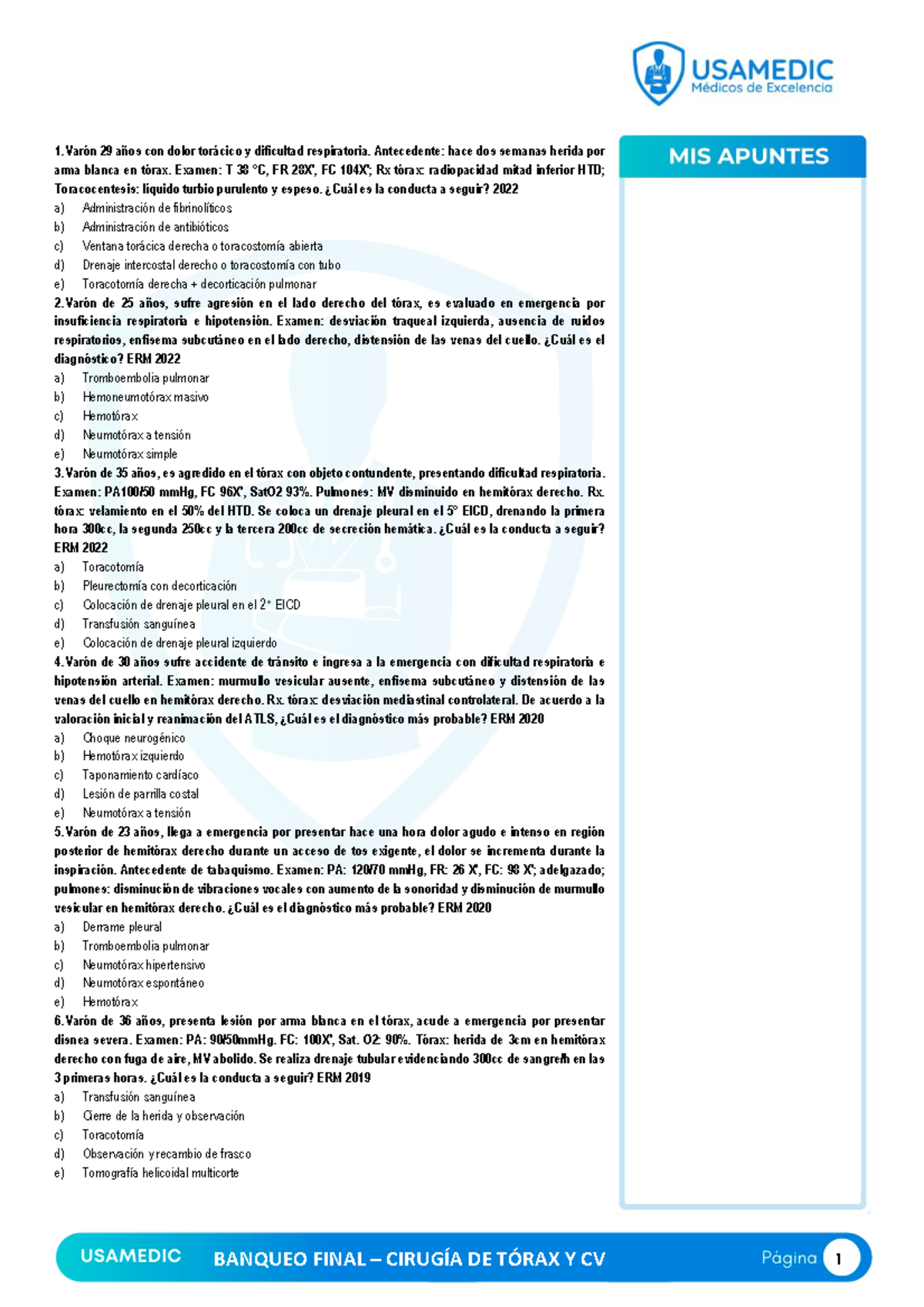 Banqueo Final - Cirugía de Tórax y CV - 1. Varón 29 años con dolor torácico y dificultad - Studocu